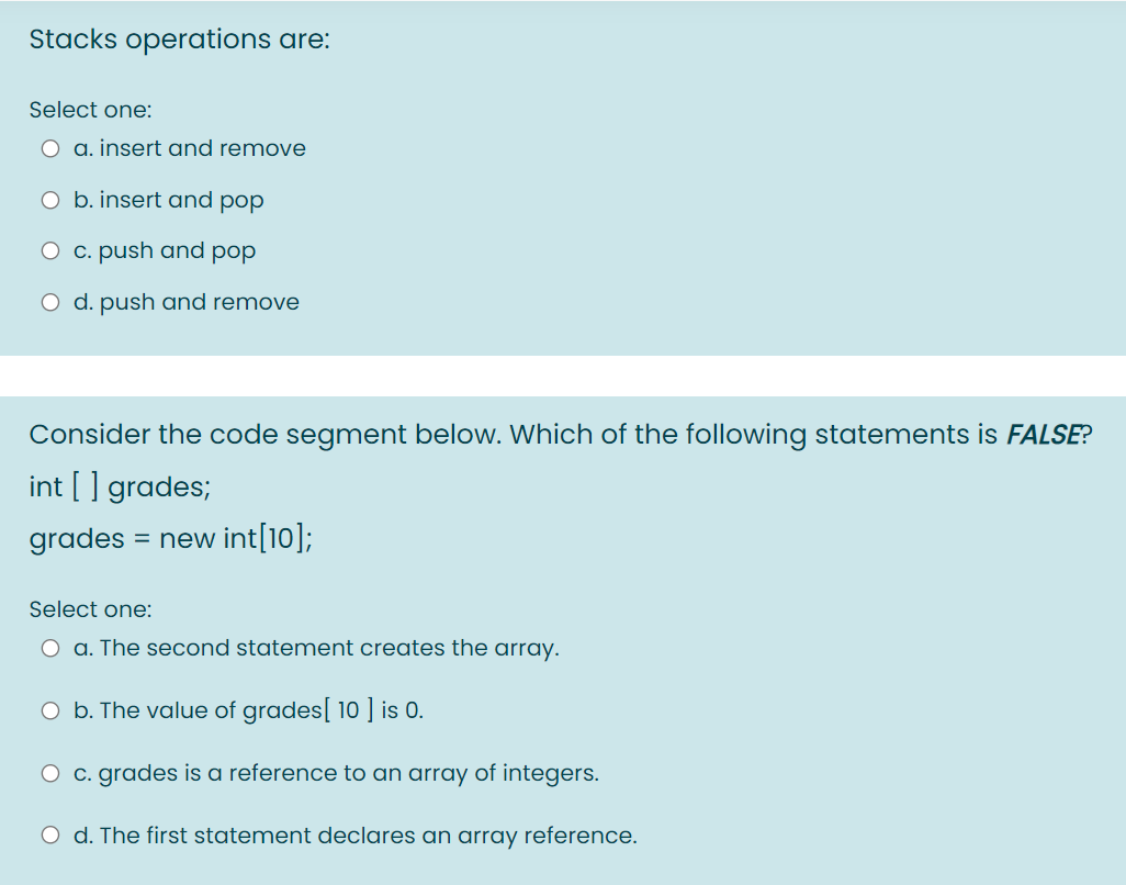 Solved Stacks operations are: Select one: O a. insert and | Chegg.com