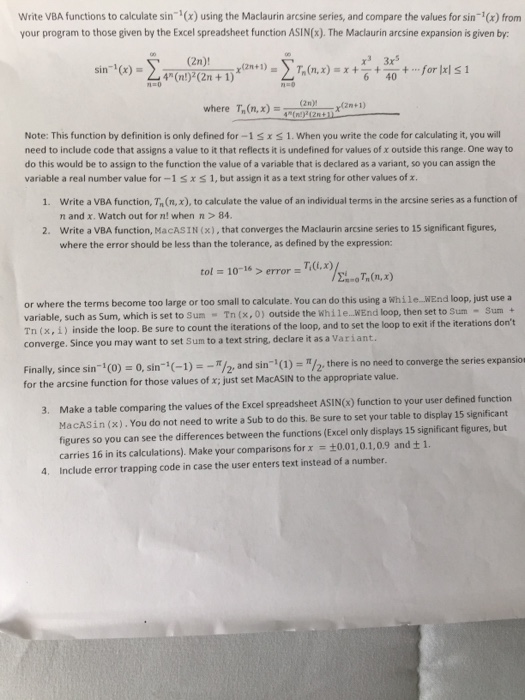 Solved Write VBA functions to calculate sin (x) using the | Chegg.com