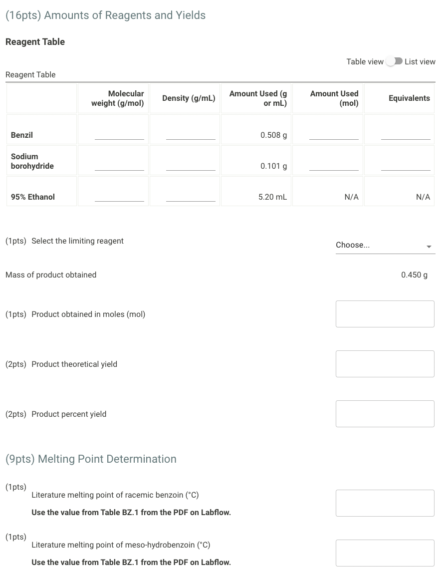 Solved (16pts) Amounts of Reagents and Yields Reagent Table | Chegg.com