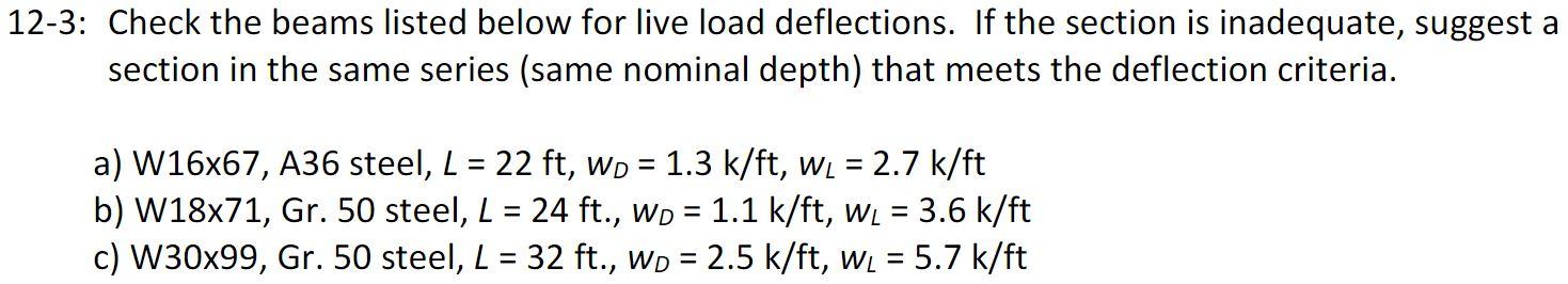 Solved 12-3: Check the beams listed below for live load | Chegg.com