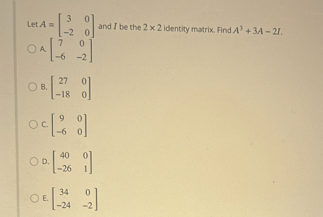 Solved Let A=[3−200] and I be the 2×2 identity matrix. Find | Chegg.com