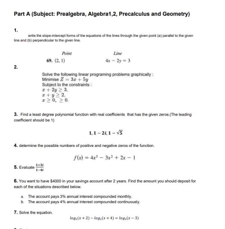 Solved Part A (Subject: Prealgebra, Algebra 1,2, Precalculus | Chegg.com