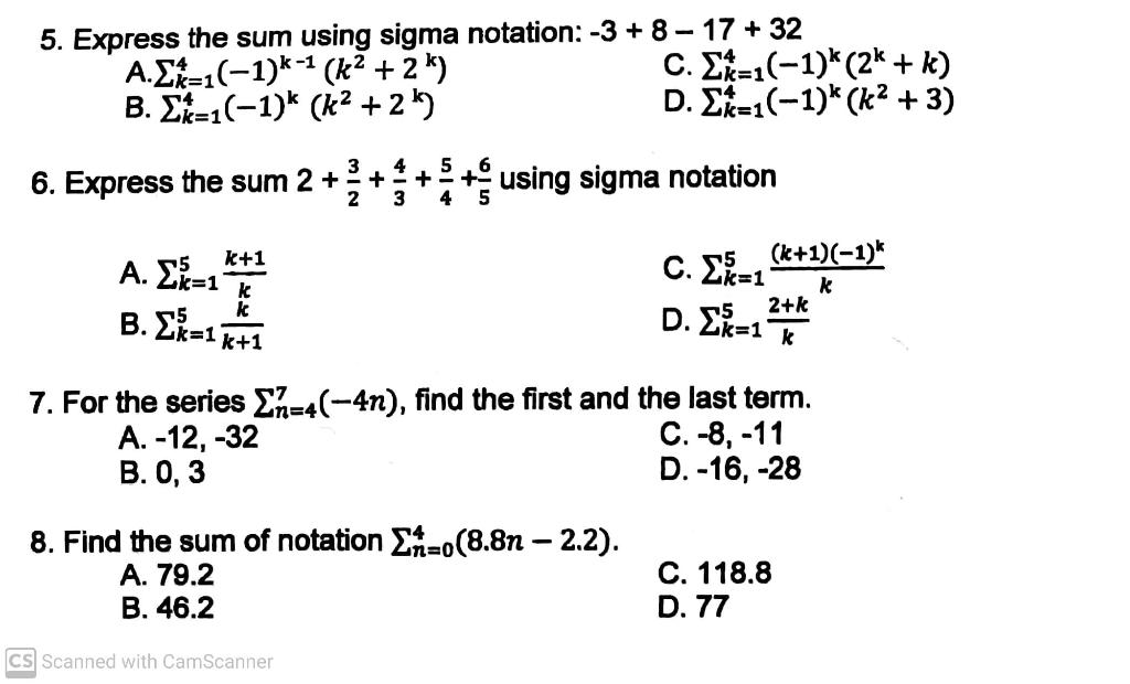 Solved 5. Express the sum using sigma notation: -3 + 8 – 17 | Chegg.com