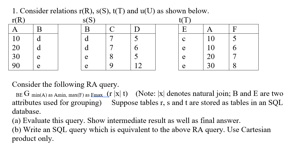 Solved 1. Consider relations r(R), s(S), t(T) and u(U) as | Chegg.com