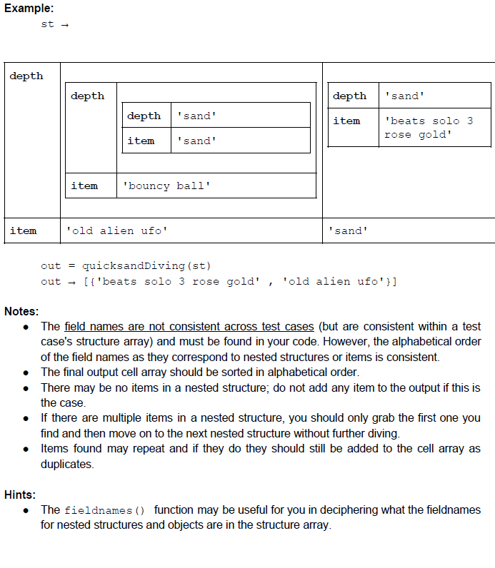 Solved Function Name: quicksandDiving Inputs: 1. (struct) | Chegg.com