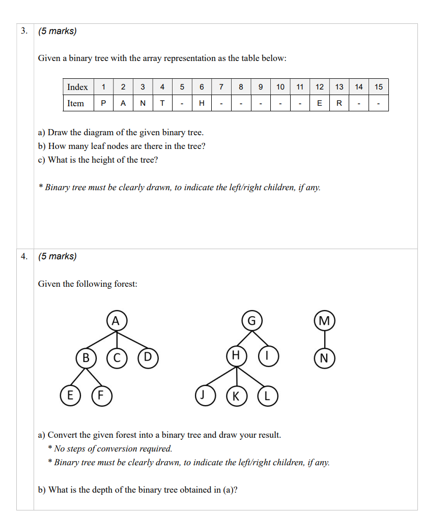 Solved 3. (5 ﻿marks) ﻿Given a binary tree with the array | Chegg.com