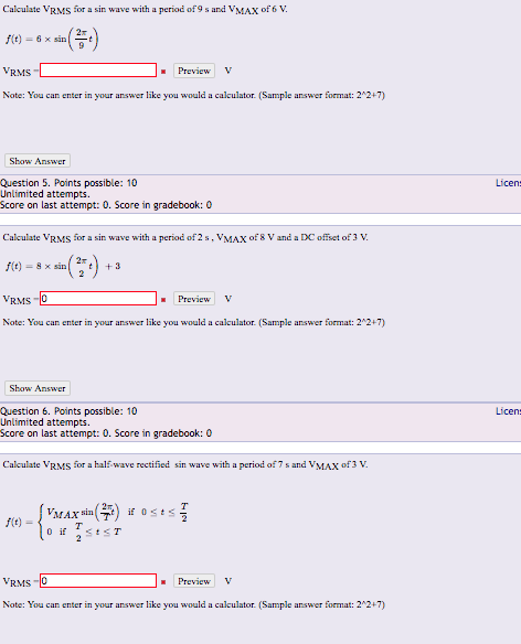 Solved Calculate VRMS for a sin wave with a period of9 s and | Chegg.com
