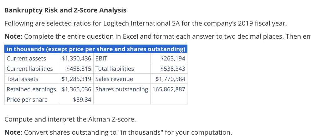 Solved Bankruptcy Risk and Z-Score Analysis Following are | Chegg.com