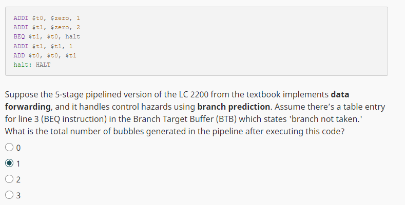 Solved ADDI $t0,$zero,1 ADDI $t1,$zer0,2 BEQ $t1,$t0, halt | Chegg.com