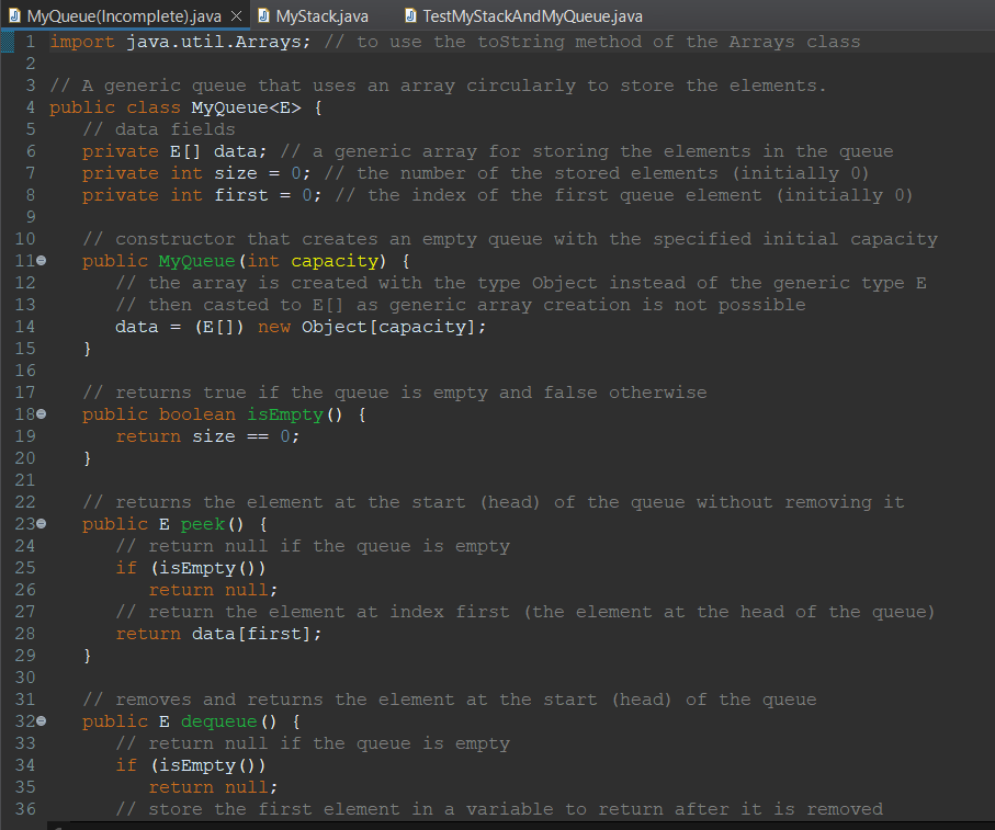 Solved yQueue(Incomplete).java × 』 MyStack.java 』 | Chegg.com