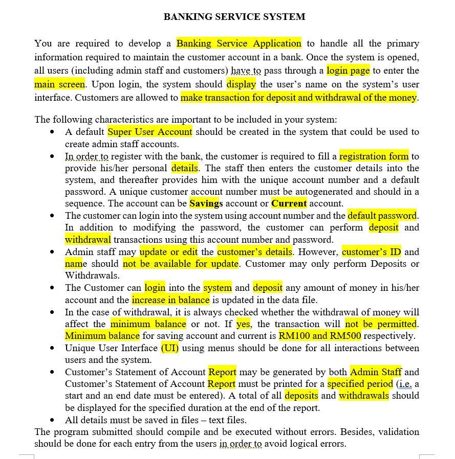 Solved BANKING SERVICE SYSTEM You are required to develop a | Chegg.com