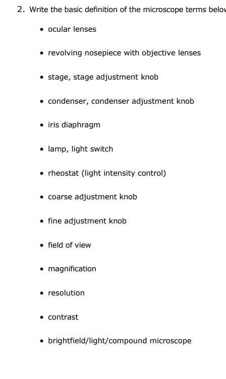 Solved 2. Write the basic definition of the microscope terms | Chegg.com