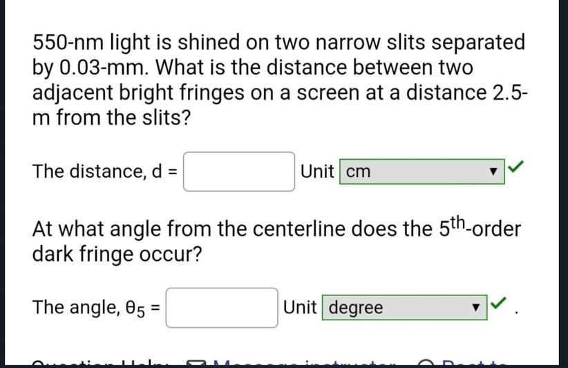 Solved 550-nm light is shined on two narrow slits separated | Chegg.com