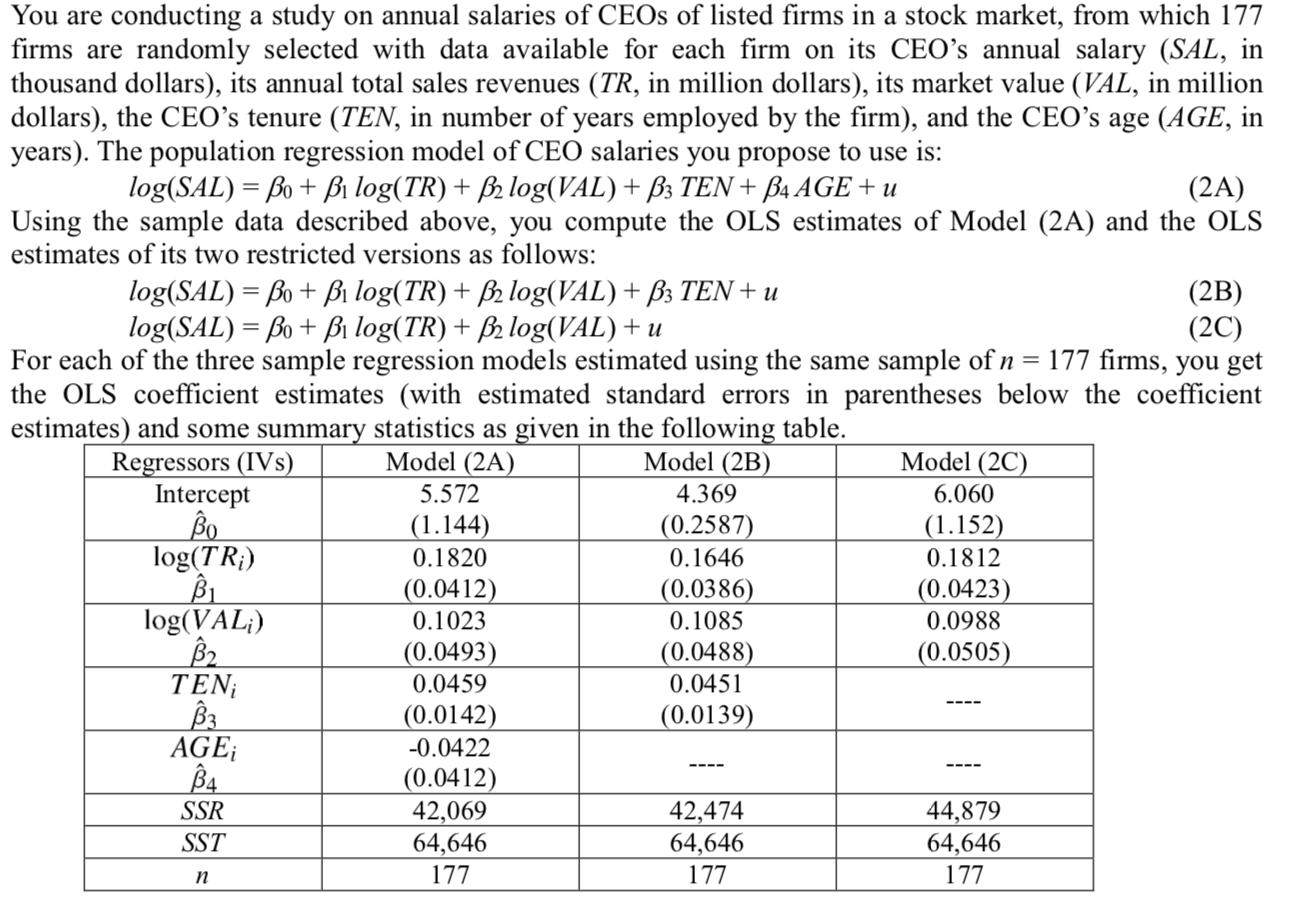 Solved 1. Use the estimation results for Model (2A) to test | Chegg.com
