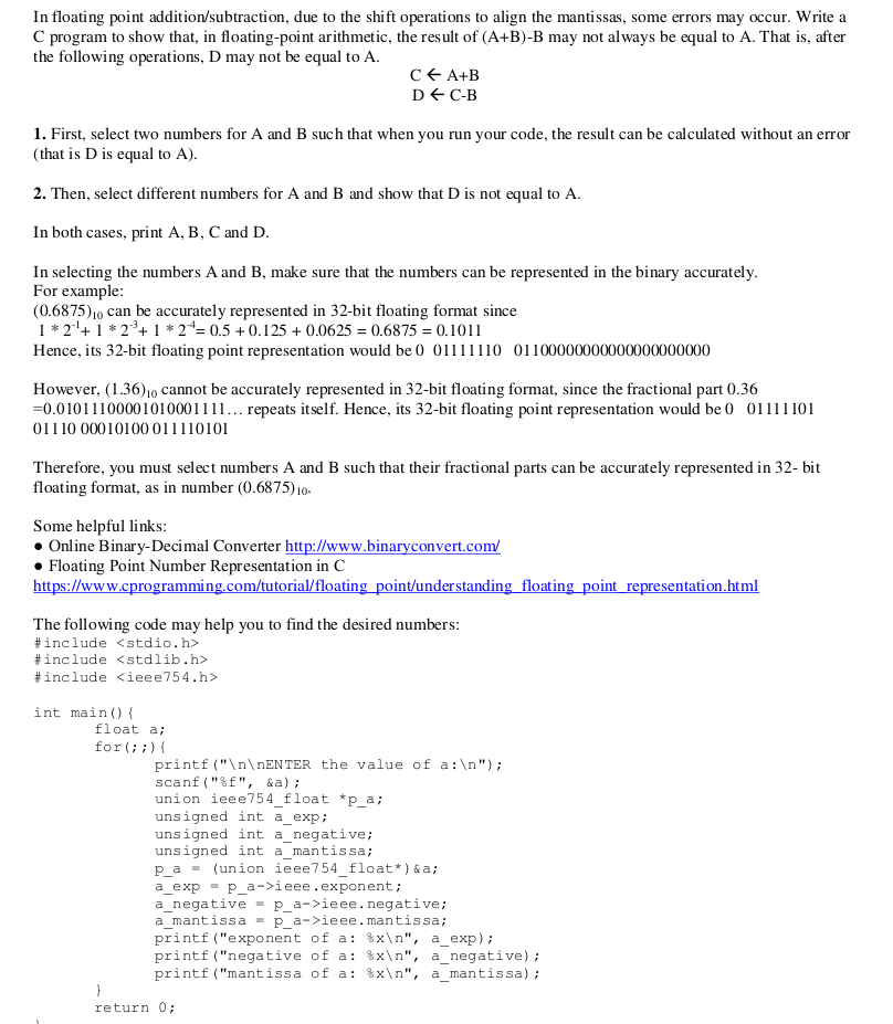 Solved In floating point addition/subtraction, due to the | Chegg.com
