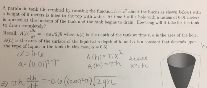 Solved A parabolic tank (determined by rotating the function | Chegg.com