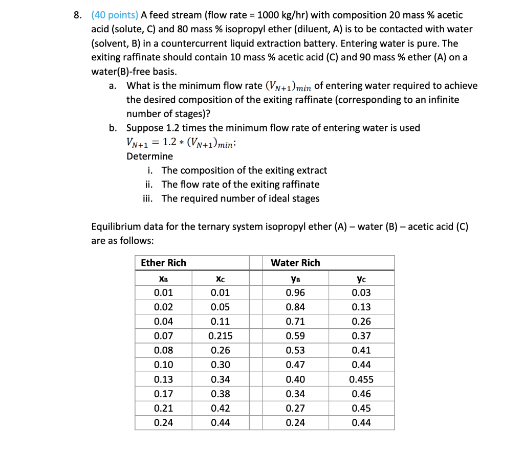 Solved 8. (40 points) A feed stream (flow rate = 1000 kg/hr) | Chegg.com