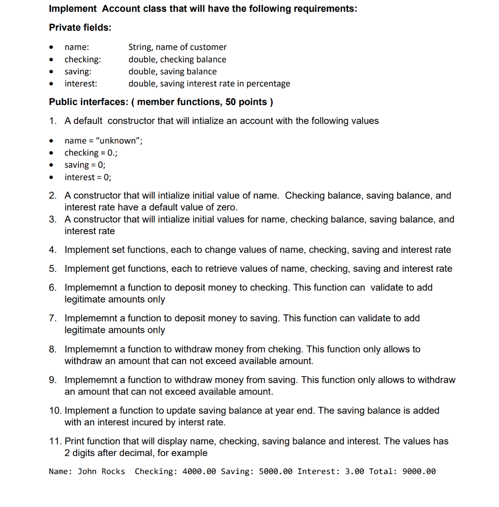 Solved Implement Account class that will have the following | Chegg.com