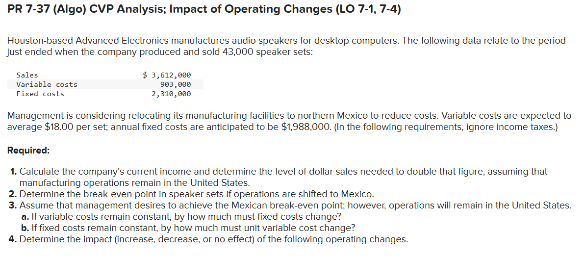 Solved PR 7-37 (Algo) CVP Analysis; Impact of Operating | Chegg.com