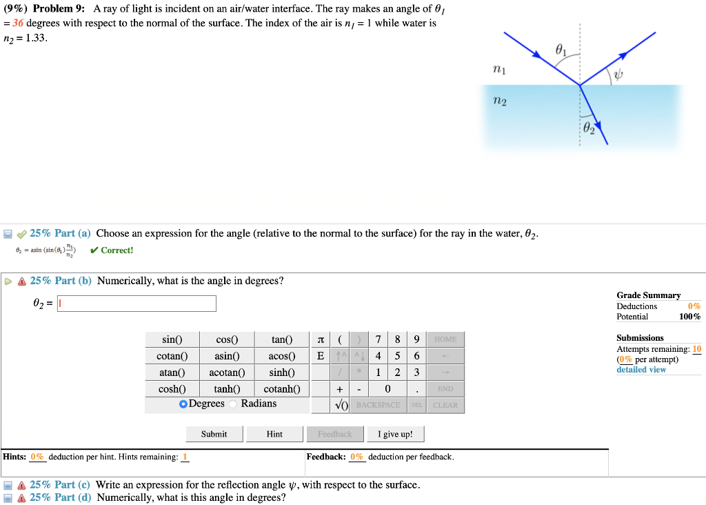 Solved (9\%) Problem 9: A ray of light is incident on an | Chegg.com