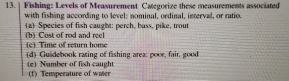 Solved 13. Fishing: Levels of Measurement Categorize these | Chegg.com