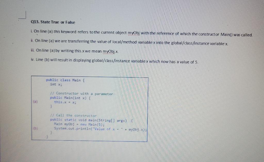 Solved Q13. State True or False i On line (a) this keyword | Chegg.com