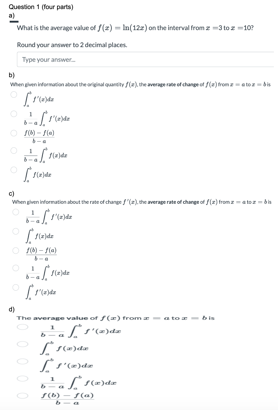 Solved a) What is the average value of f(x)=ln(12x) on the | Chegg.com