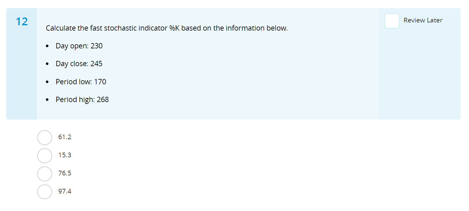 Solved 12 Review Later Calculate the fast stochastic | Chegg.com