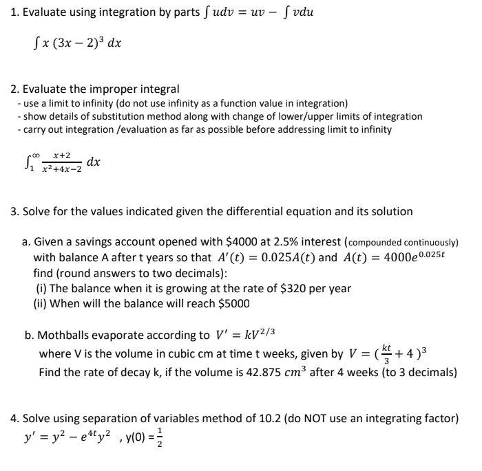 1. Evaluate using integration by parts ſ udv = uv – S | Chegg.com