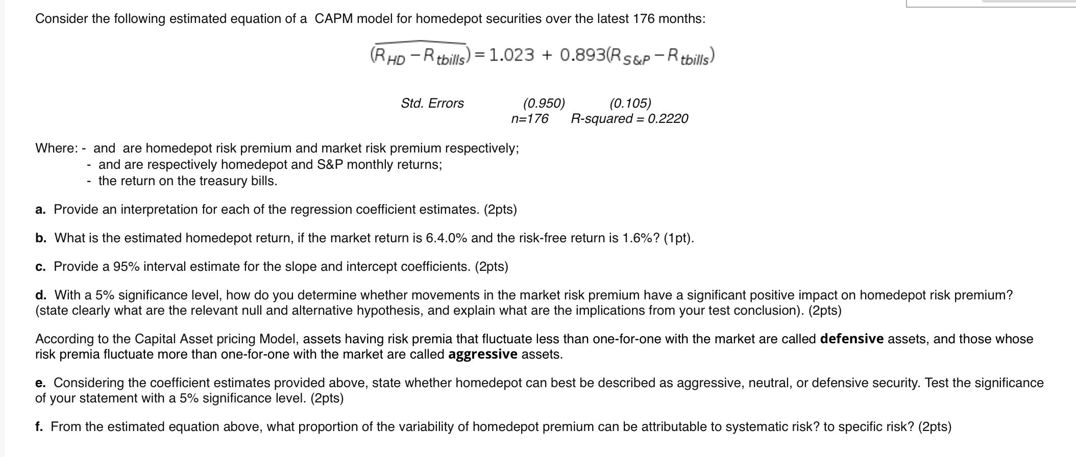 Solved Consider the following estimated equation of a CAPM | Chegg.com