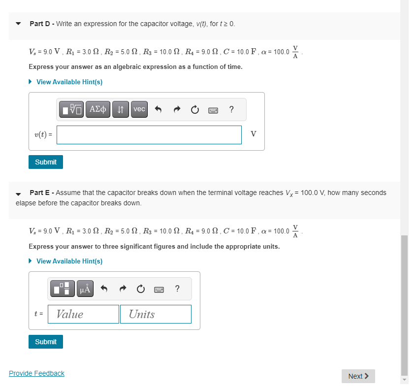 Solved Part D - Write an expression for the capacitor | Chegg.com