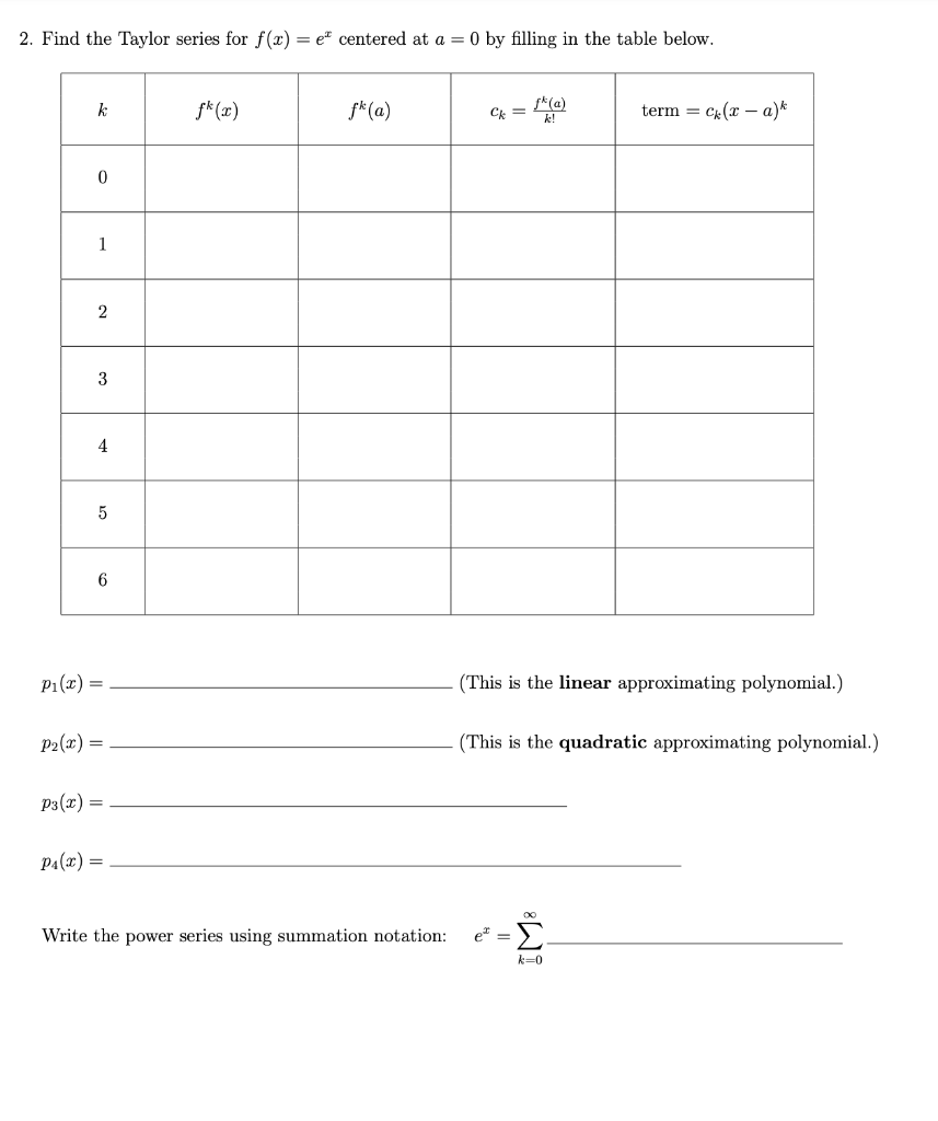 Solved 2. Find the Taylor series for f(x)=ex centered at a=0 | Chegg.com
