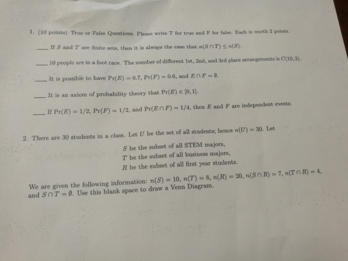 Solved 1. (10 points) True or False Questions. Please write | Chegg.com Solved 1. (10 points) True or False Questions. Please write | Chegg.com