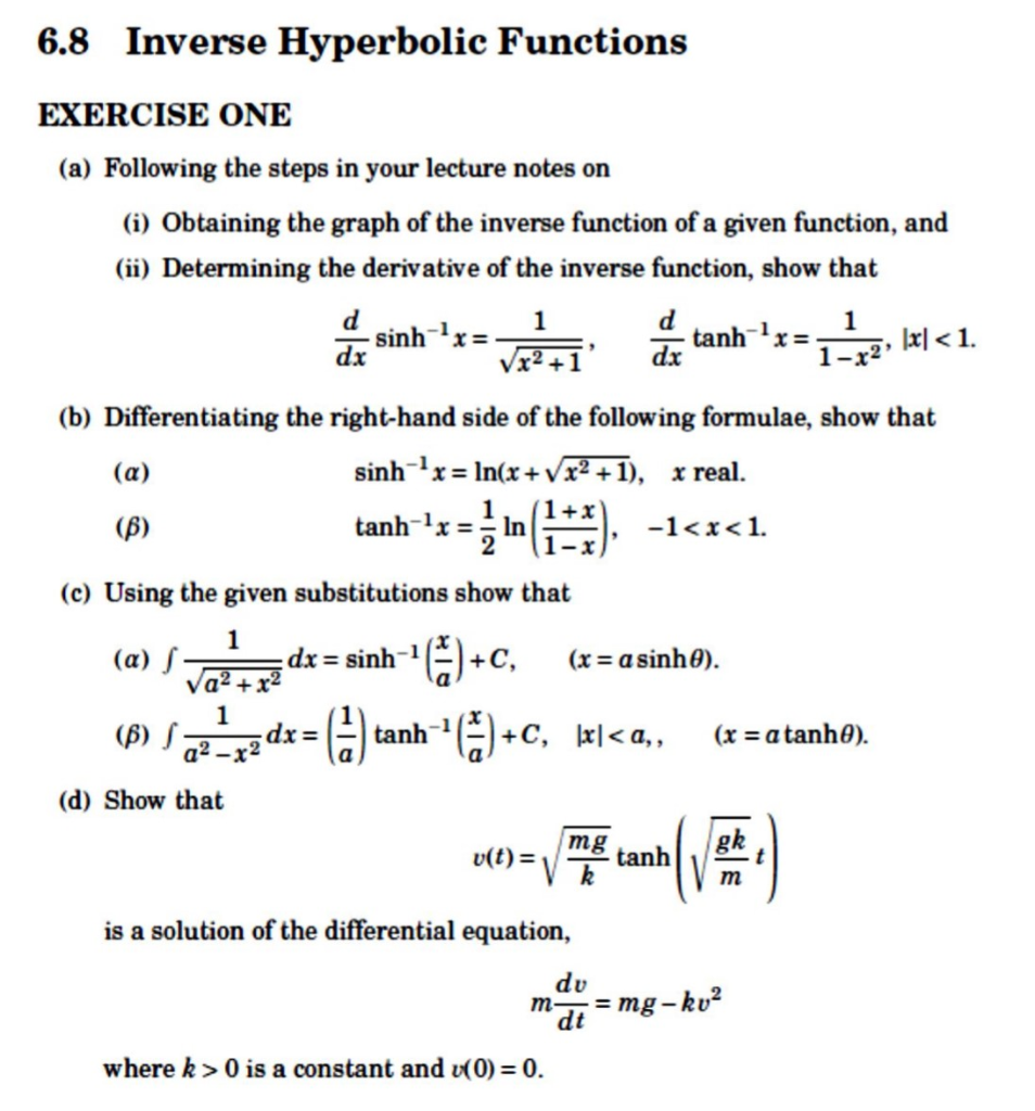 Solved 6.8 Inverse Hyperbolic Functions EXERCISE ONE (a) | Chegg.com