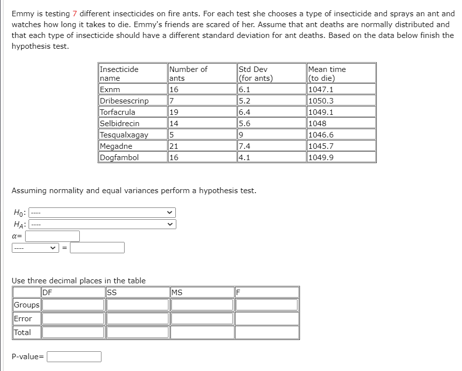 Solved Emmy is testing 7 different insecticides on fire | Chegg.com
