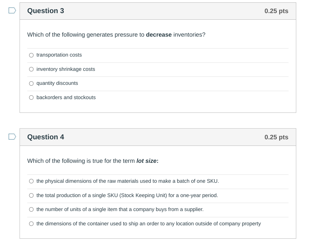 Solved Question 1 0.25 pts Inventory management is the | Chegg.com
