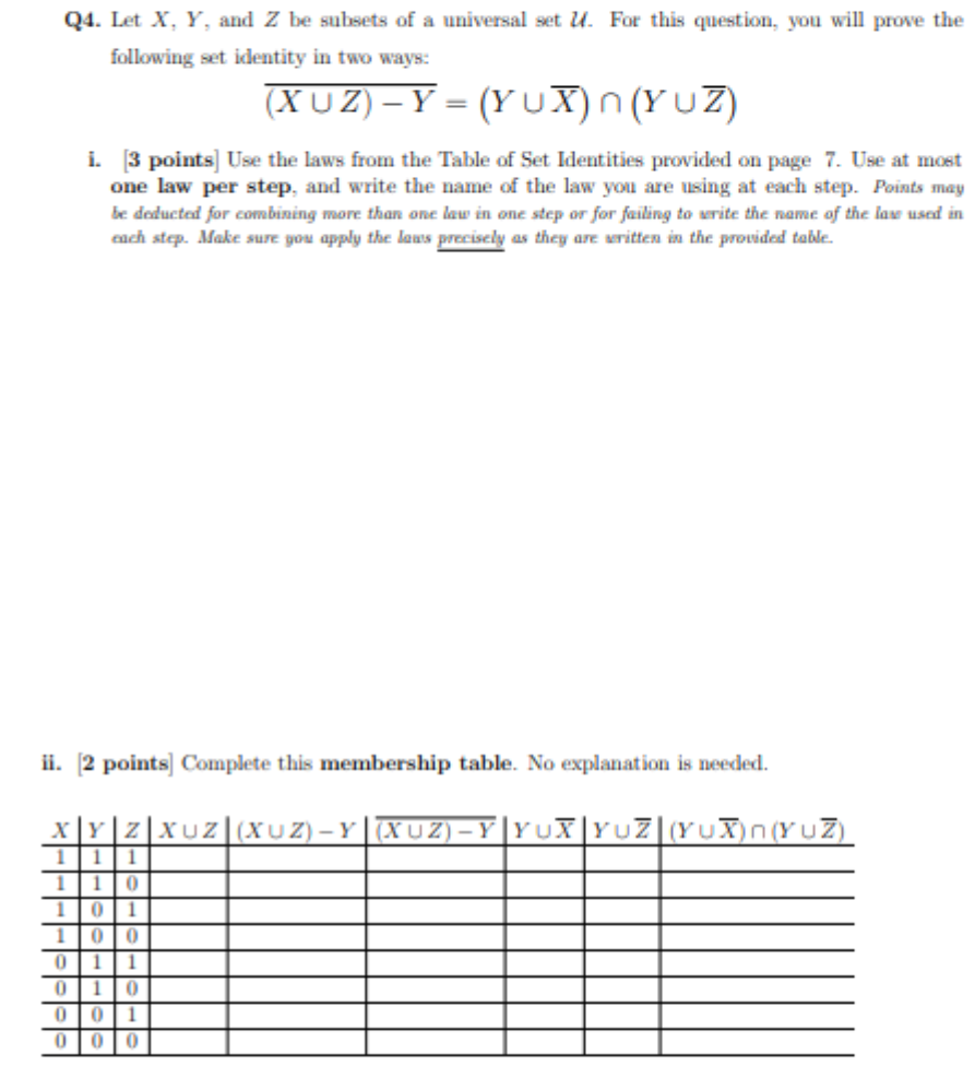 Solved Q4. Let X,Y, and Z be subsets of a universal set U. | Chegg.com