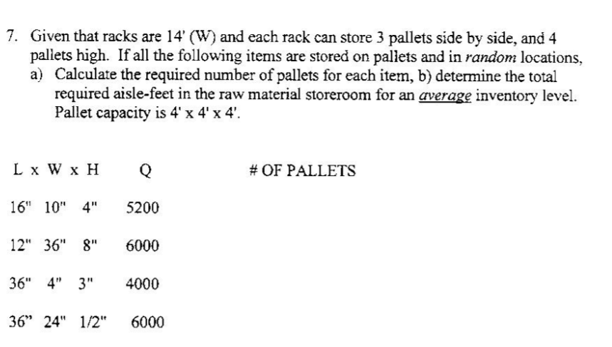 Solved 7. Given that racks are 14' (W) and each rack can | Chegg.com