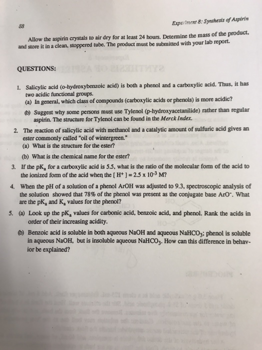 Solved Expertment 8: Synthesis of Aspirin Allow the aspirin | Chegg.com