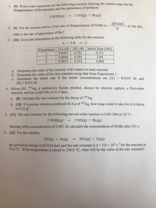 Solved 1. (5) Write a rate expression for the following | Chegg.com