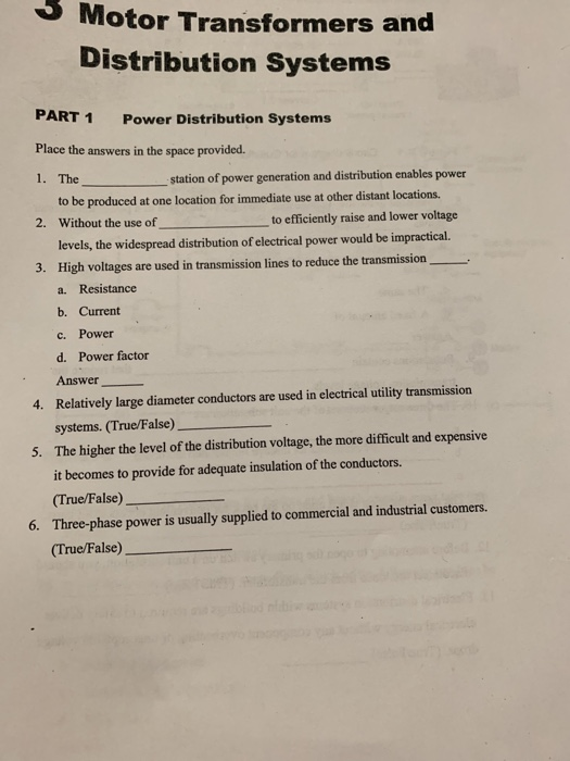 Solved 3 Motor Transformers and Distribution Systems PART 1 | Chegg.com