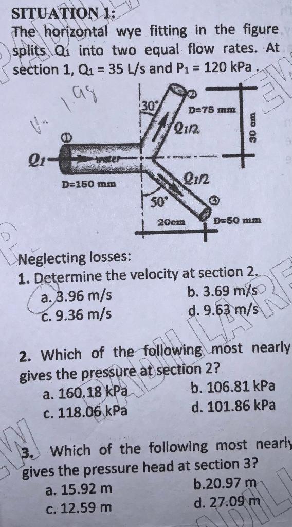 Solved SITUATION 1: The horizontal wye fitting in the figure | Chegg.com
