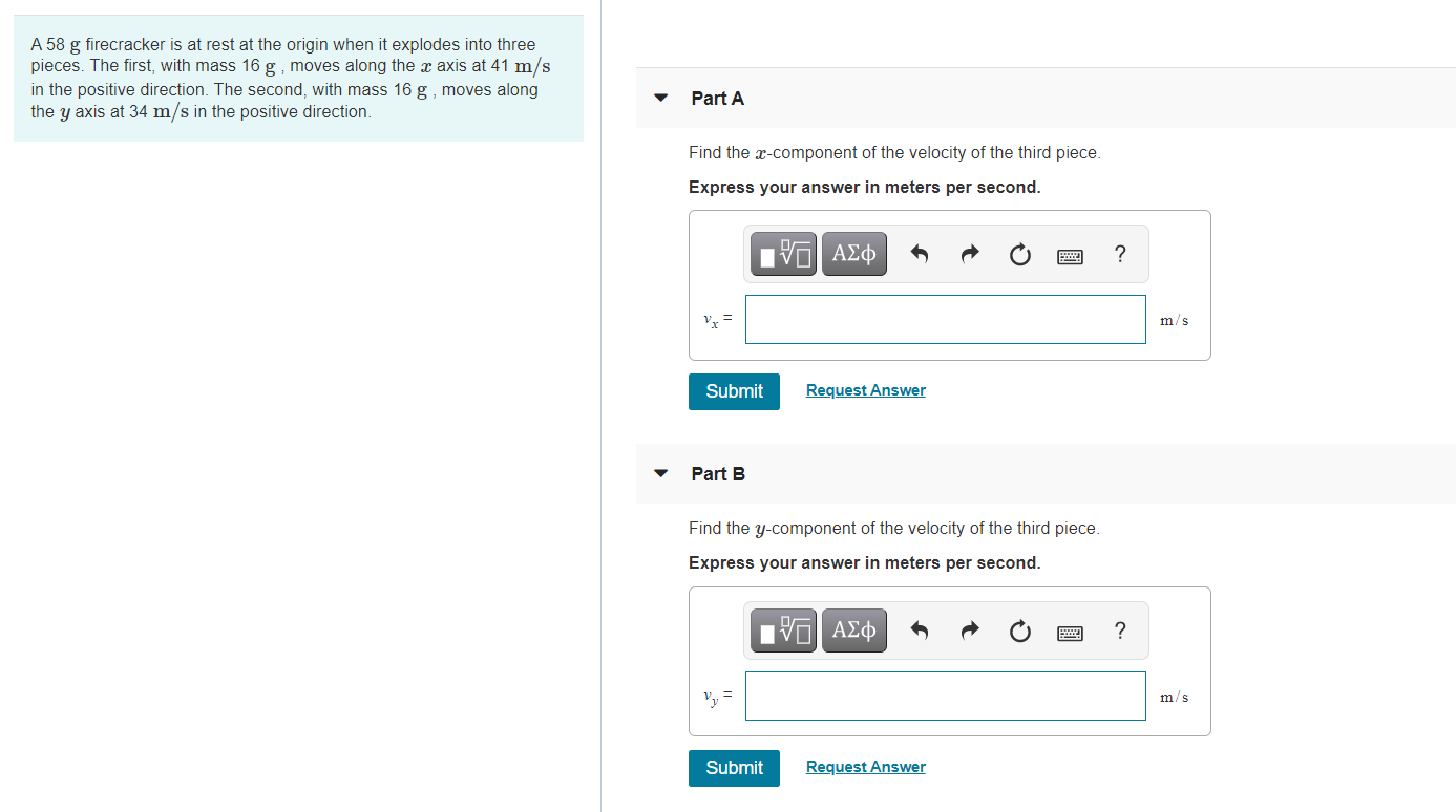 Solved A 58 g firecracker is at rest at the origin when it | Chegg.com