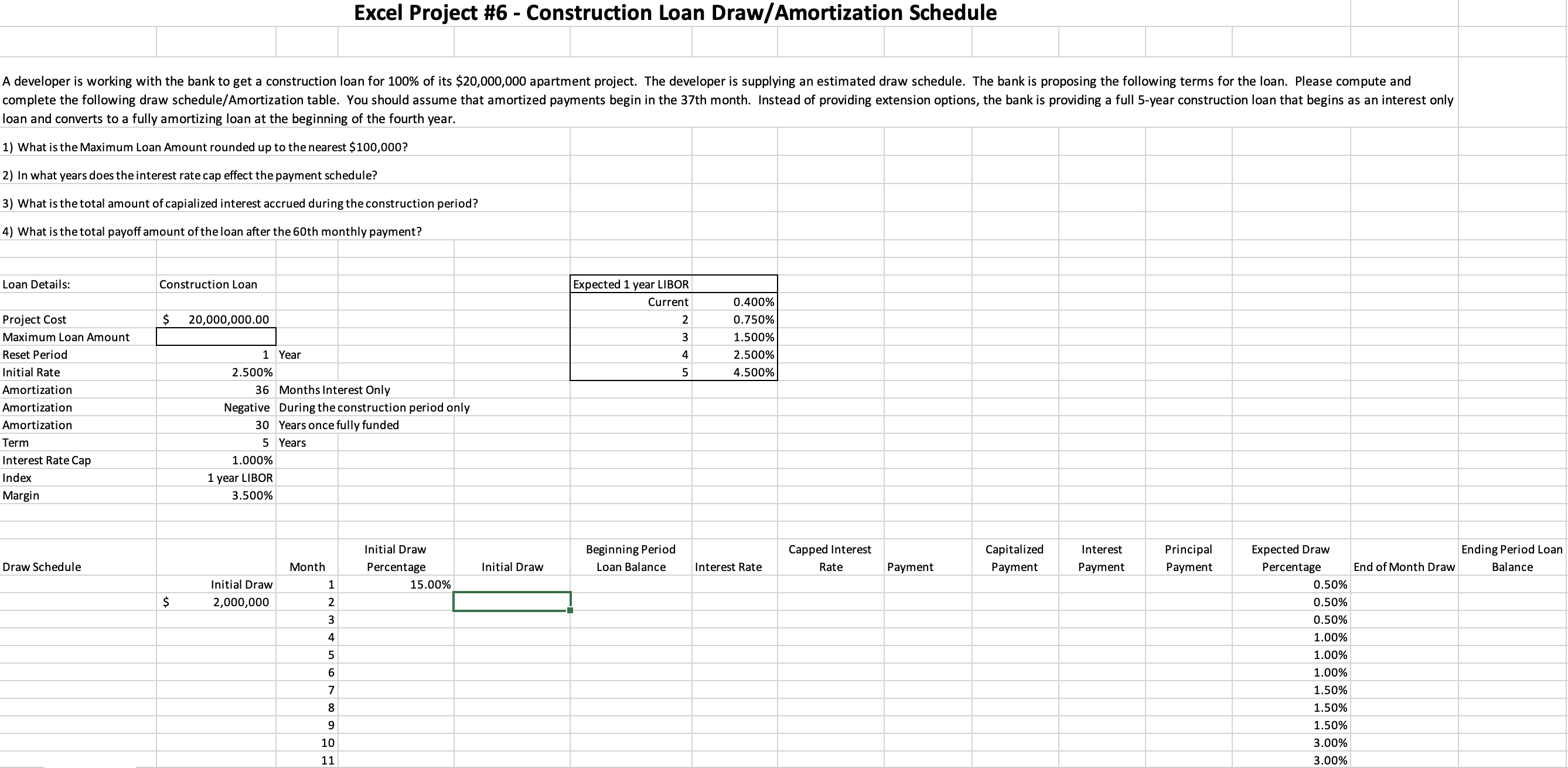 Excel Project \#6 - Construction Loan | Chegg.com