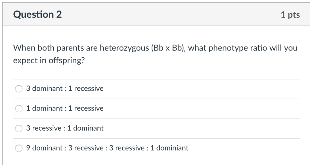 Solved Question 2 1 pts When both parents are heterozygous | Chegg.com
