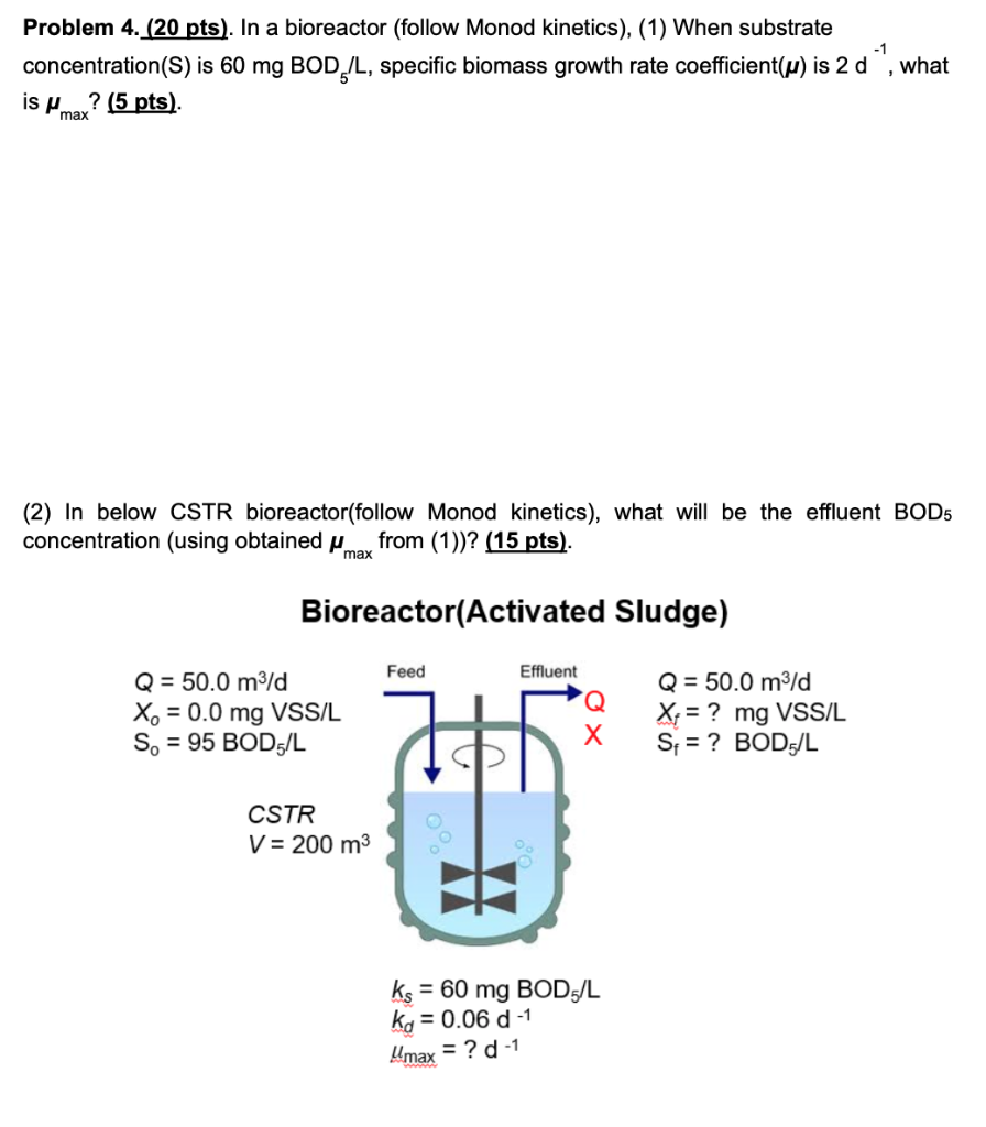 Solved Problem 4. (20 pts). In a bioreactor (follow Monod | Chegg.com
