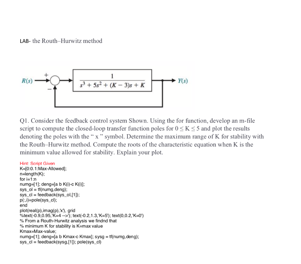 Solved LAB- the Routh-Hurwitz method R(s) 50- Y(s) 53+ 552 + | Chegg.com