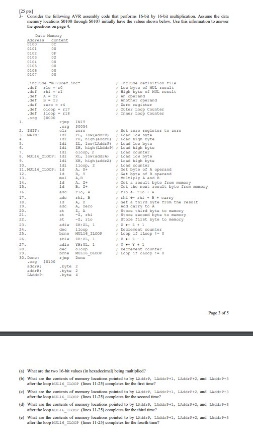 (25 pts 3. Consider the following AVR assembly code | Chegg.com