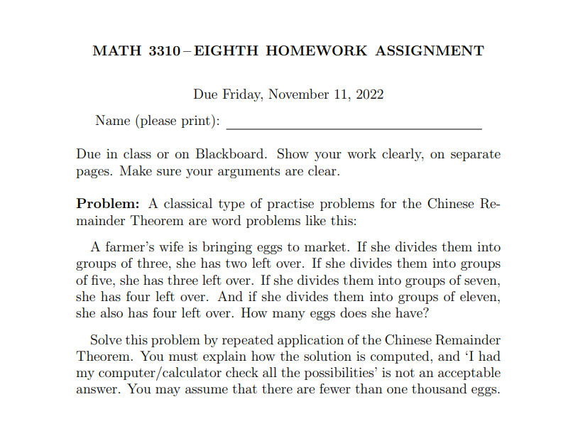 MATH 3310 - EIGHTH HOMEWORK ASSIGNMENT Due Friday, | Chegg.com