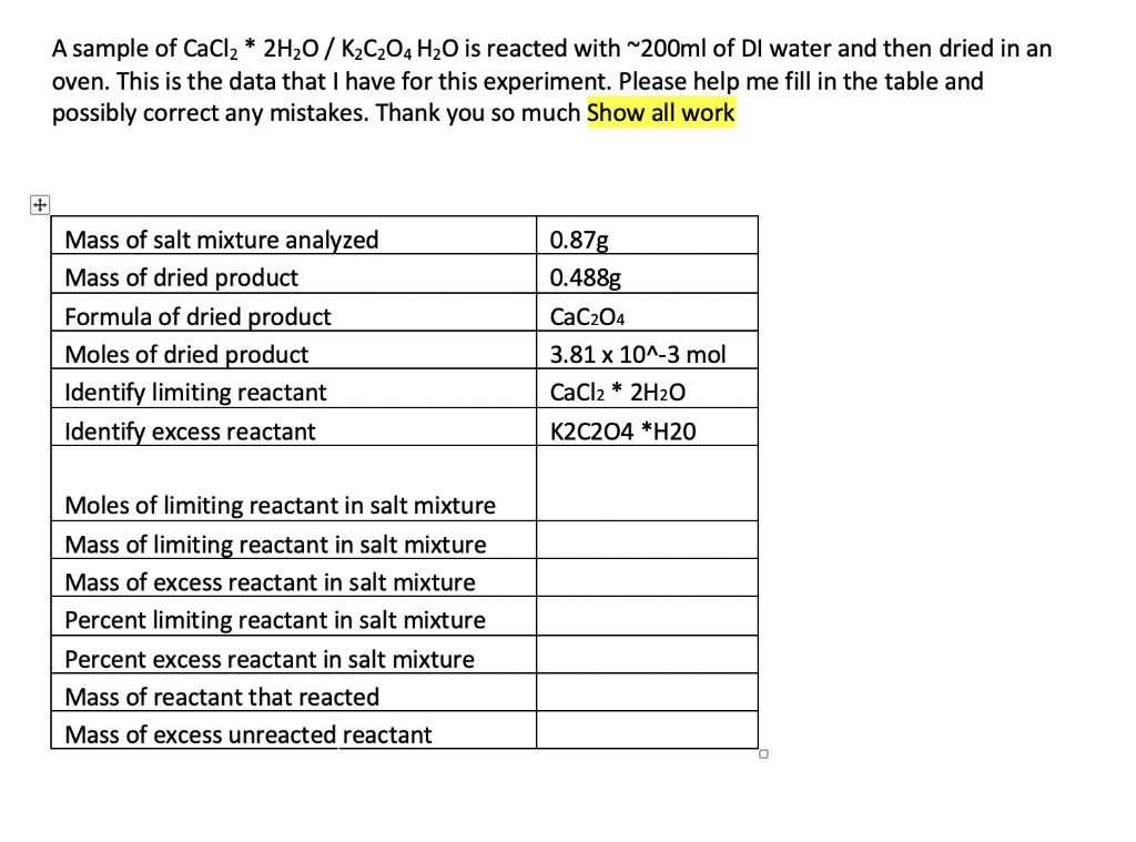 Solved A sample of CaCl2 * 2H20 / K2C2O4 H2O is reacted with | Chegg.com